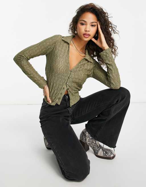 Stradivarius Chemise Ajustée En Tissu Texturé Froncé Kaki Asos