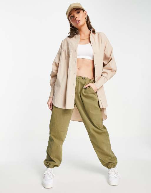 Stradivarius Chemise Oversize Coupe Dad En Coton Taupe Asos