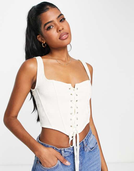 Stradivarius - Corset lacé en jacquard - Écru | ASOS