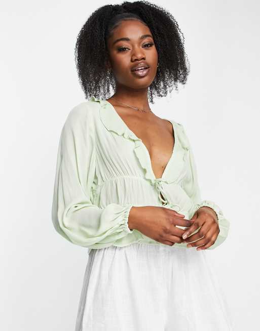 Stradivarius crinkle ruffle blouse in sage | ASOS