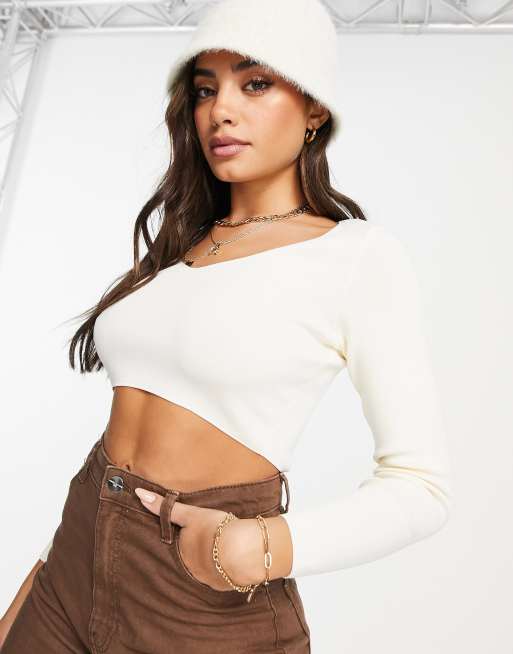 Stradivarius - Crop top en maille à col V - Écru | ASOS