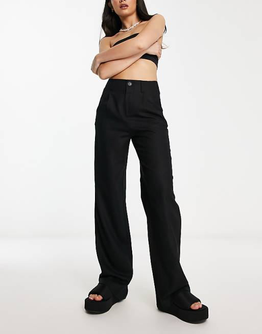 Stradivarius – Czarne spodnie z szerokimi nogawkami z imitacji lnu | ASOS Stradivarius – Czarne spodnie z szerokimi nogawkami z imitacji lnu | ASOS