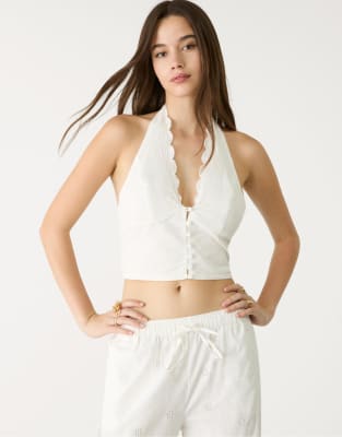 Stradivarius Embroidered halterneck top in white | ASOS