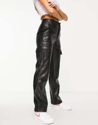 Stradivarius faux leather straight leg cargo pants in black | ASOS