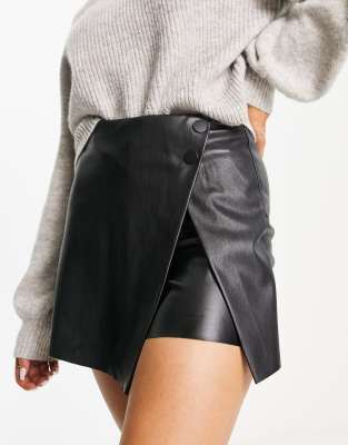Stradivarius faux leather wrap skort in black | ASOS