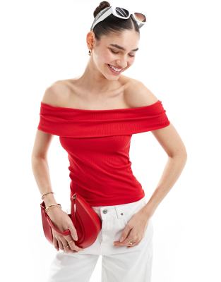 Stradivarius fold over seamless bardot top in red | ASOS