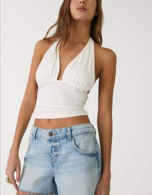 Stradivarius gathered halter top in ecru | ASOS
