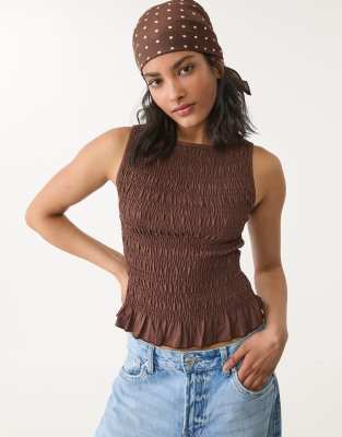 Stradivarius gathered t-shirt with ruffles in brown | ASOS
