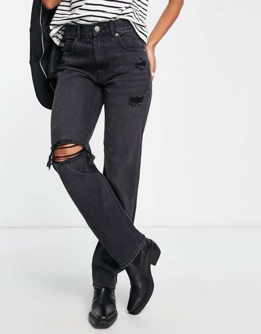 Stradivarius Jeans Met Rechte Pijpen En Scheuren In Zwart Asos