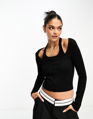 Stradivarius knitted 2 in 1 top in black | ASOS
