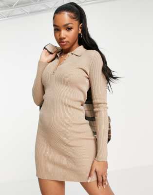 Stradivarius knitted ribbed polo dress in beige | ASOS