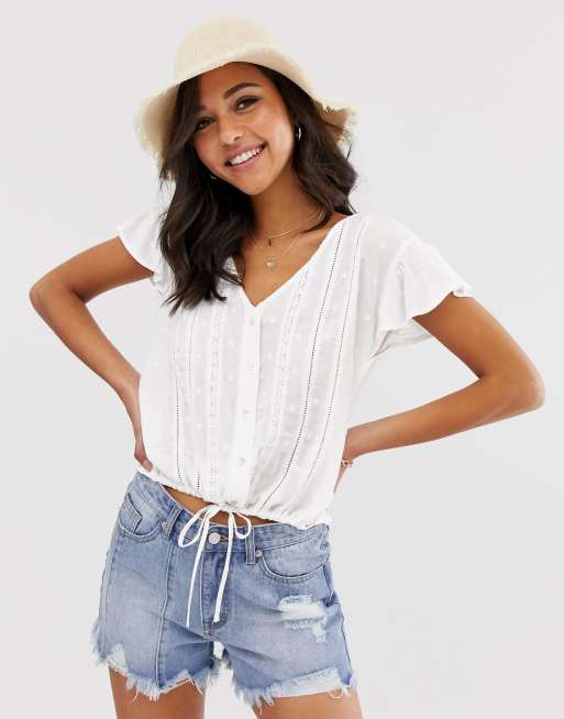 Stradivarius lace detail blouse with waist cord in white | ASOS