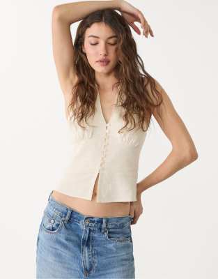 Stradivarius linen blend button through halter top in stone | ASOS