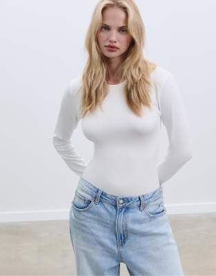 Stradivarius Long sleeve polyamide bodysuit in ecru | ASOS