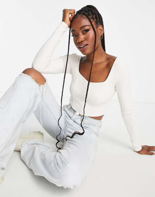 Stradivarius Long Sleeve Structured Rib Corset Top In Ecru Asos