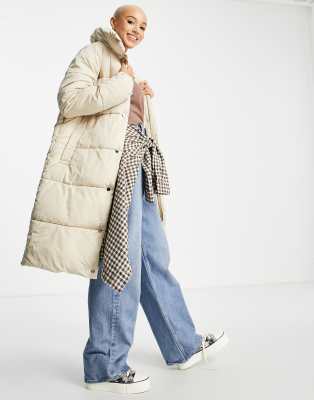 Stradivarius longline padded puffer coat in ecru | ASOS