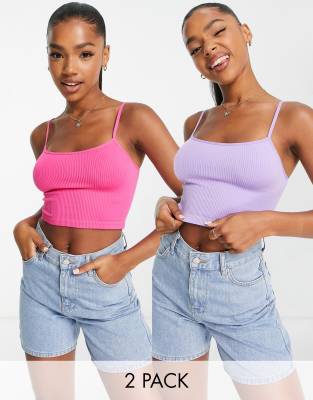 Stradivarius - Lot de 2 crop tops sans coutures - Rose/violet | ASOS