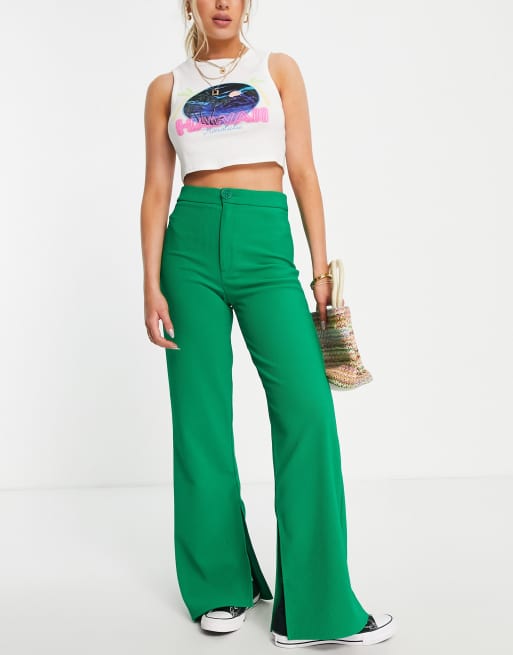 Stradivarius Pantalon Ajusté à Ourlet Fendu Vert Asos