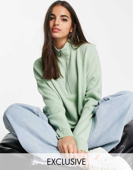 Stradivarius Pullover In Salbeigrün Mit Kurzem Reißverschluss Asos