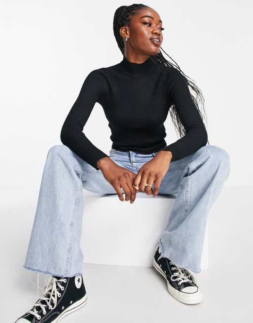 Stradivarius ribbed semi high neck knit top in black | ASOS