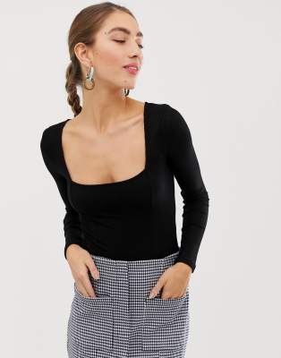 Stradivarius ribbed square neck body in black | ASOS