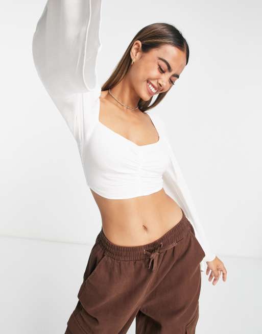 Stradivarius Ruched Front Top With Flared Sleeve In White Asos