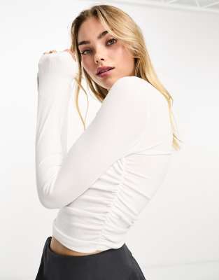 Stradivarius ruched side top in white | ASOS