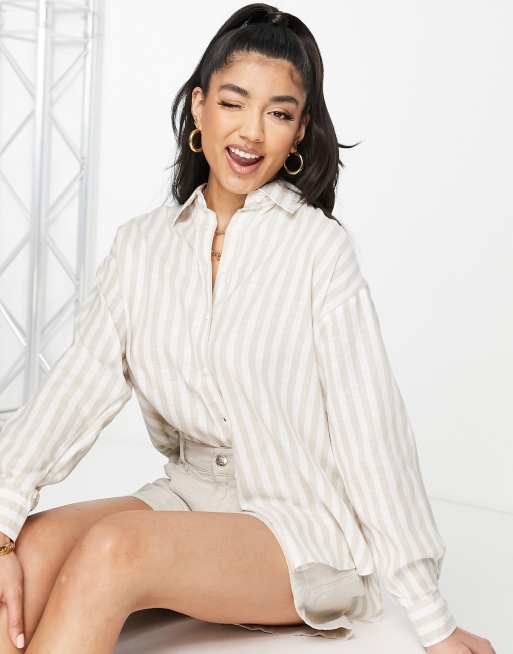 Stradivarius Rustikale Oversize Hemdbluse In Gestreiftem Ecru Asos