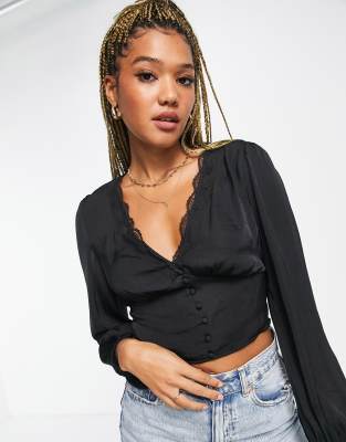 Stradivarius Satin Button Detail Romantic Blouse In Black Modesens