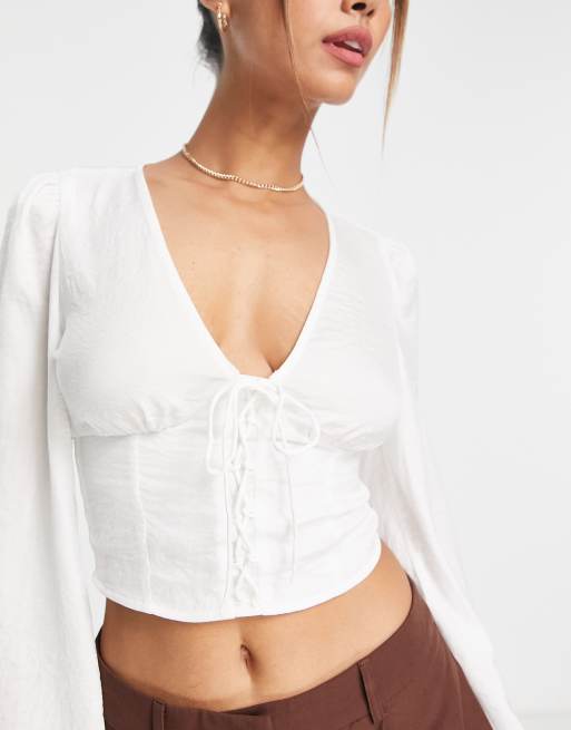 Stradivarius Satin Corset Romantic Blouse In White Asos