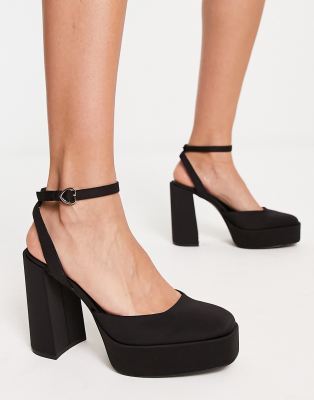 Stradivarius satin heeled platform shoe in black | ASOS