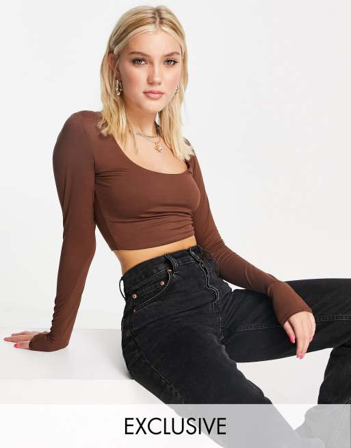 Stradivarius Scoop Neck Long Sleeve Top In Chocolate Brown Asos