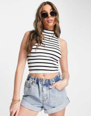 Stradivarius seamless high neck singlet top in stripe | ASOS