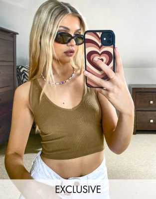 Stradivarius seamless v neck singlet in beige | ASOS