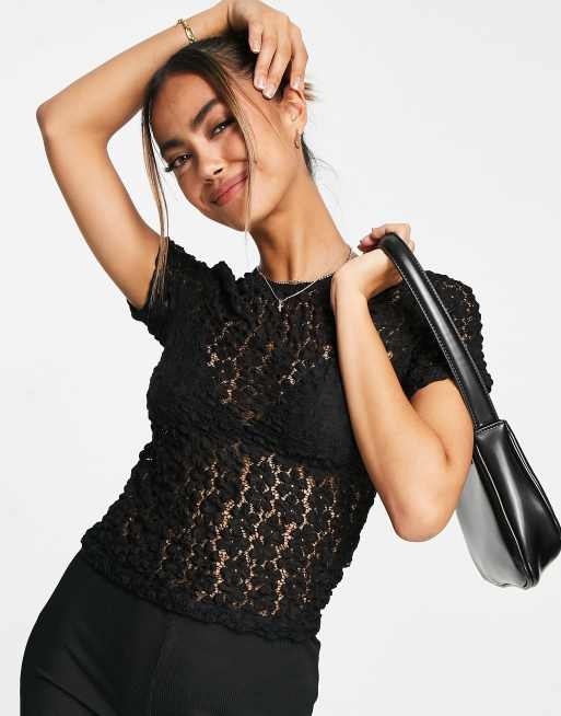 Stradivarius Sheer Lace Crop Top In Black Asos