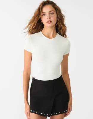 Stradivarius short sleeve polyamide bodysuit in ecru | ASOS