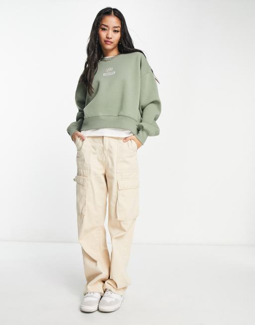 Stradivarius Slouchy Sweatshirt With Embroidered Motif In Khaki Asos