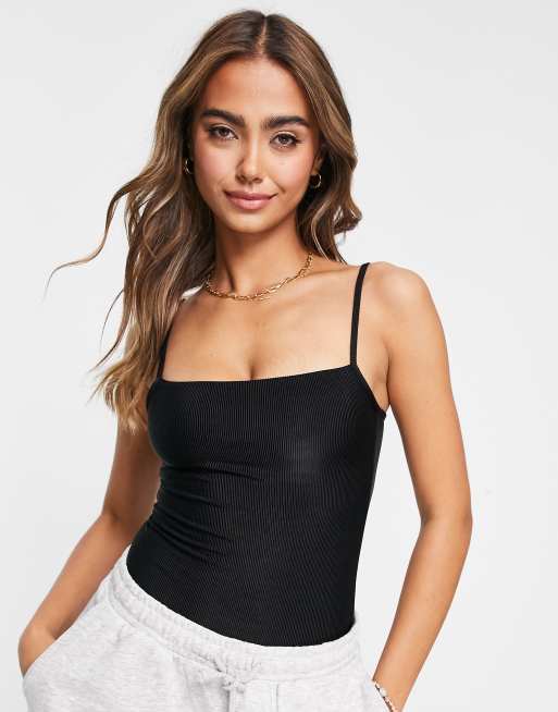 Stradivarius square neck rib body in black | ASOS
