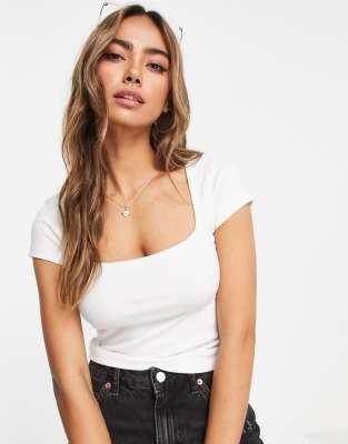 Stradivarius square neck seamless top in white | ASOS