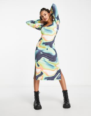 Stradivarius square neck slinky midi dress in grunge print | ASOS