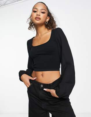 Stradivarius square neck top with chiffon sleeves in black | ASOS