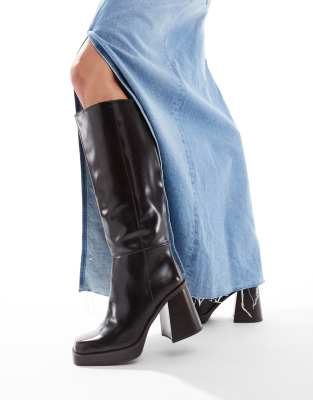 Stradivarius square toe heeled boots in brown | ASOS