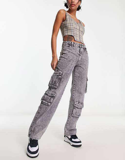 Stradivarius STR denim multi pocket cargo jean in acid wash Stradivarius STR denim multi pocket cargo jean in acid wash