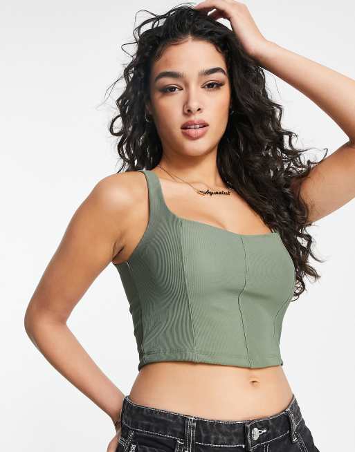 Stradivarius structured rib corset top in khaki | ASOS