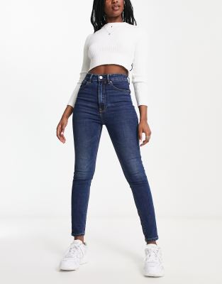 Stradivarius super high waist skinny jean in dark wash | ASOS