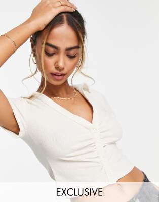 Stradivarius textured 90s ruched shirt in ecru | ASOS