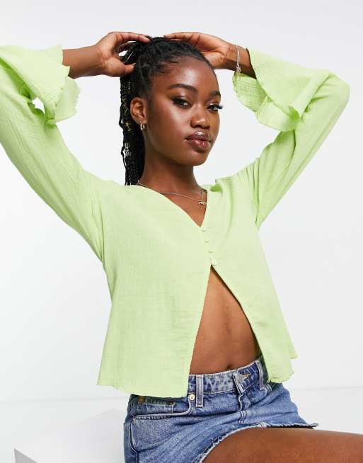 Stradivarius textured 90s slimline split front top in pistachio | ASOS