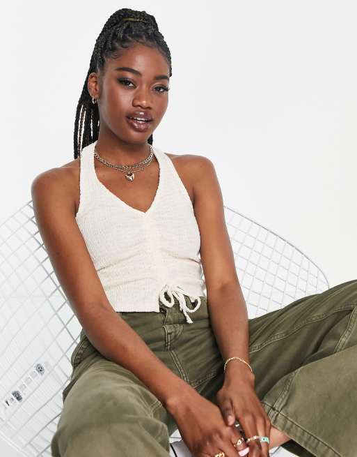 Stradivarius Textured Gathered Halter Top In Natural Asos
