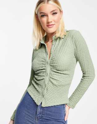 Stradivarius textured stretch 90s shirt in sage | ASOS