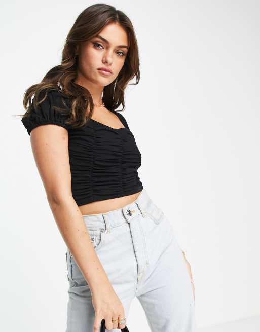 Stradivarius textured top with sweetheart neck in black | ASOS
